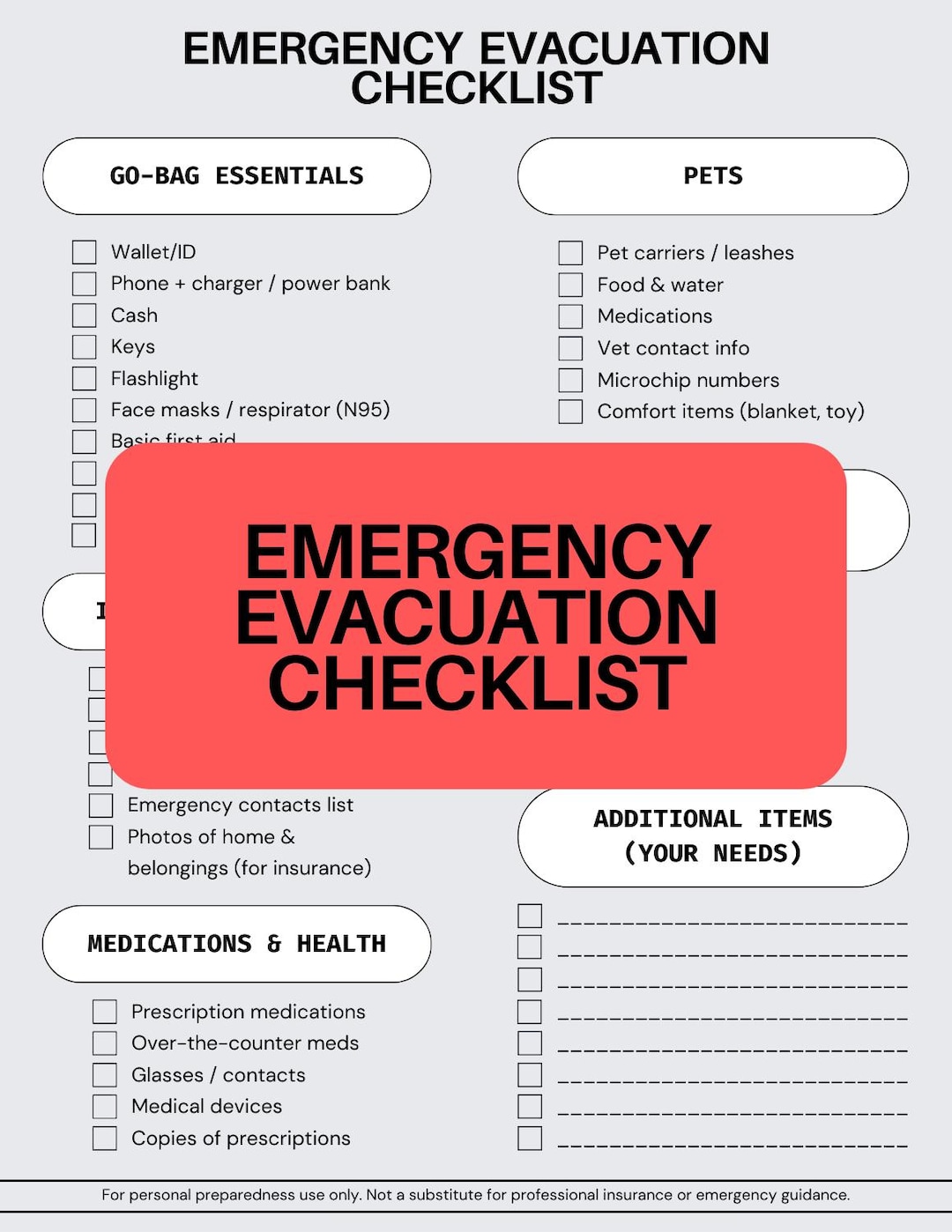 Emergency Evacuation Checklist Printable | Preparedness Planner PDF ...