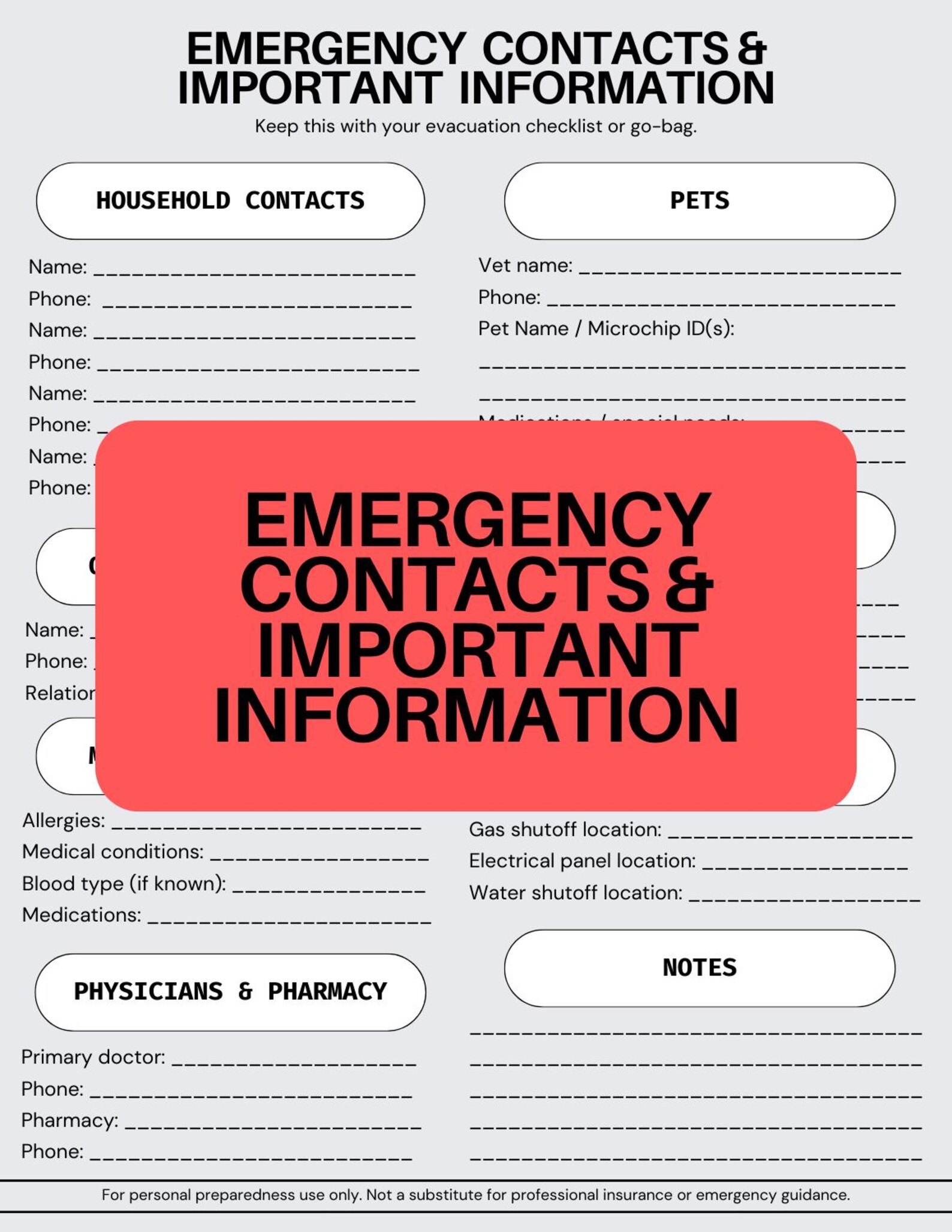 Emergency Contacts & Important Info Printable | Family Preparedness ...