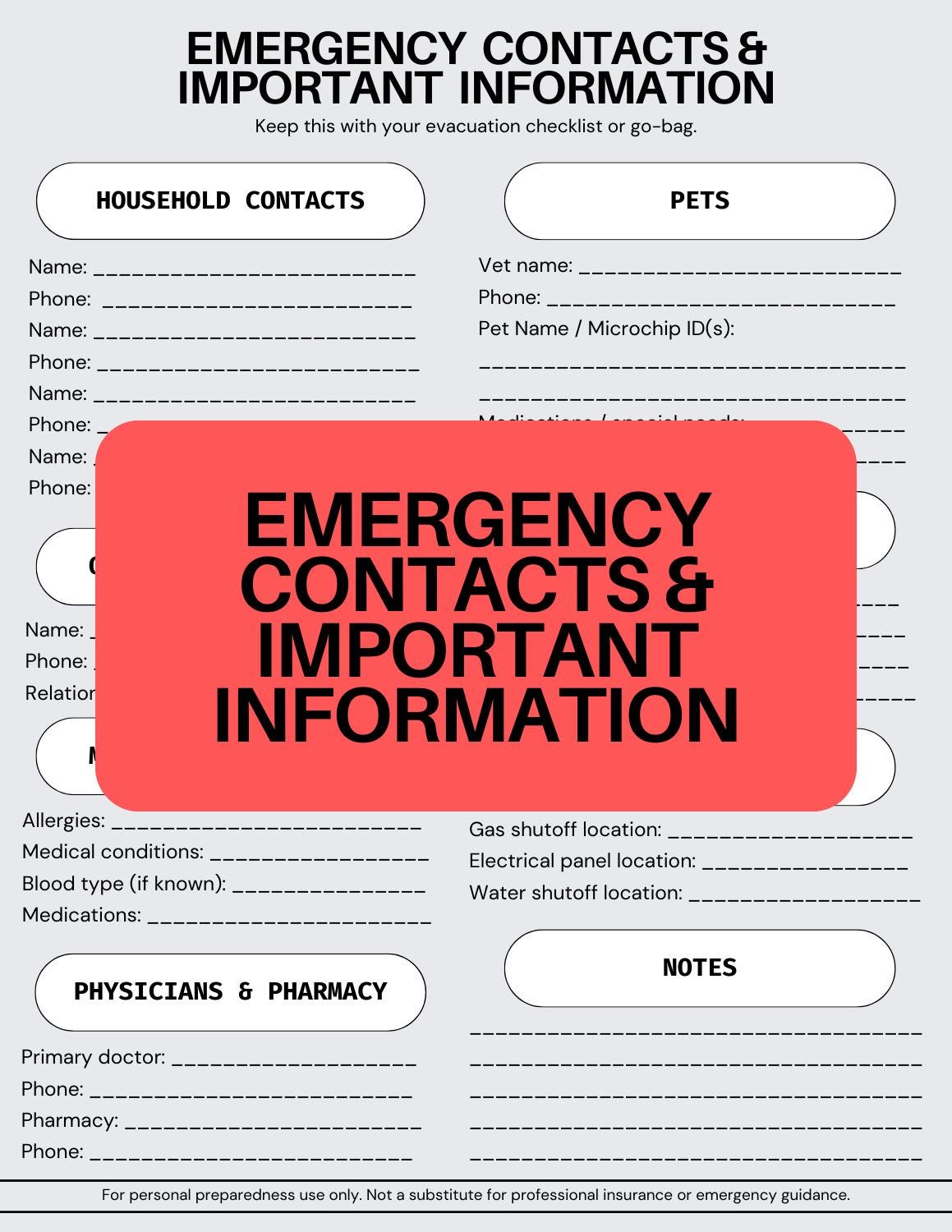 Emergency Contacts & Important Info Printable | Family Preparedness ...