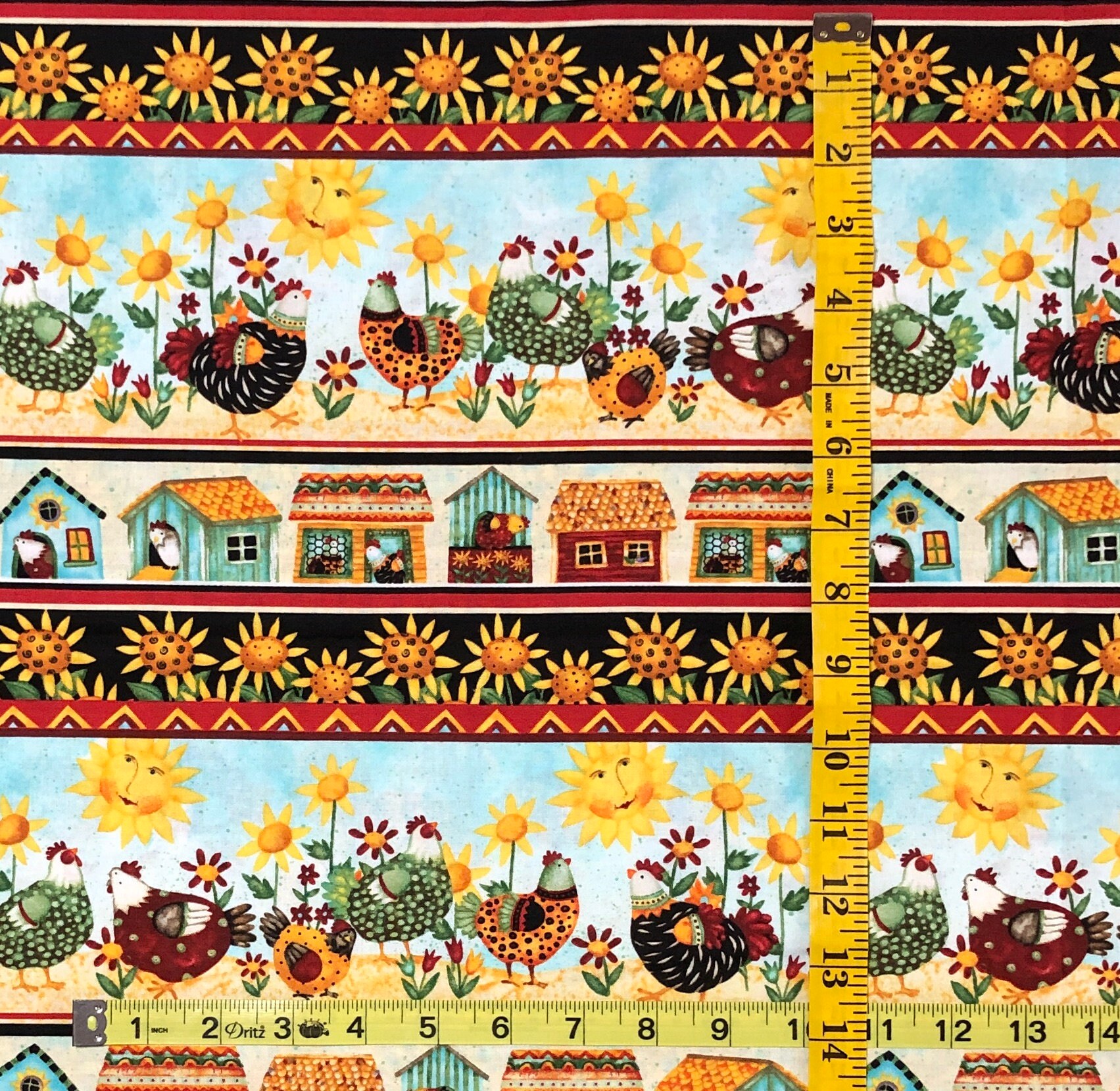 Whimsical Chickens, Coops and Sunflowers 40 Inches X WOF, All Cooped up ...