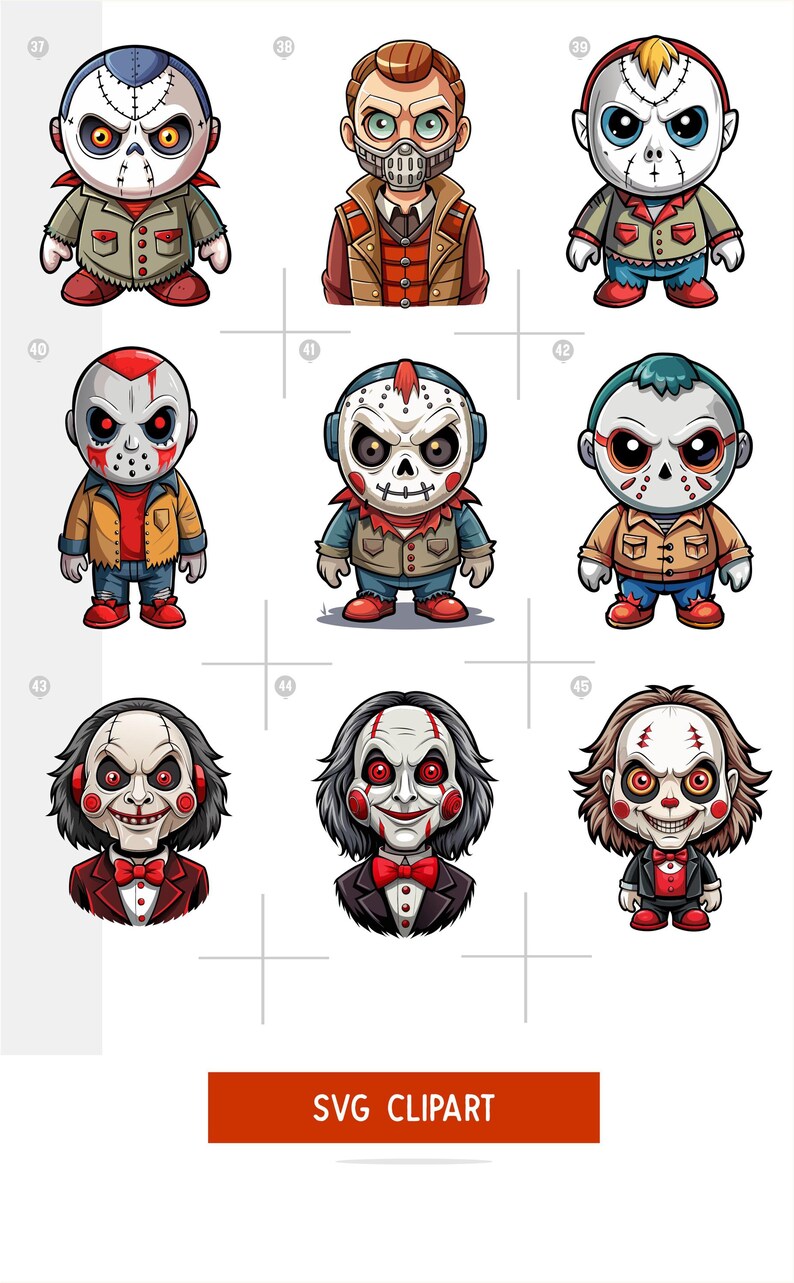 Haloween Clipart SVG Chibi Horror Movies, Bundle 45 Graphics, Set Cute ...