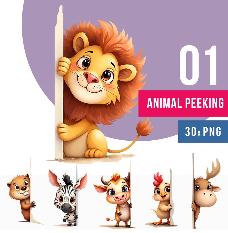 Cute Animal Peeking Clipart, PNG Quirky Animal, Farm and Jungle Animal ...