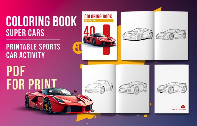 Super Cars Coloring Book for Kids, Printable Sports Car Activity PDF ...