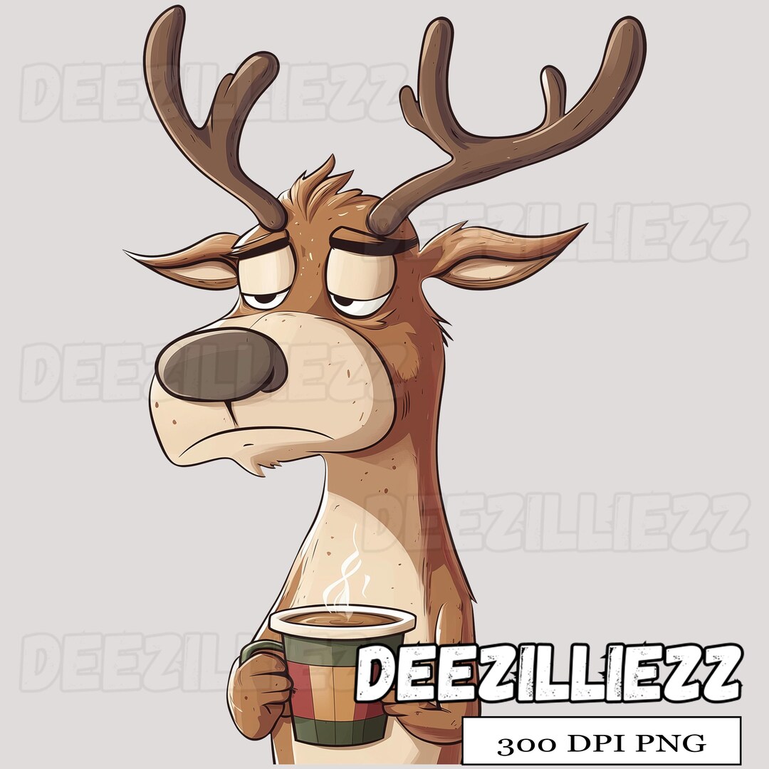 Tired Reindeer With Coffee PNG | Funny Christmas Cartoon Clipart | PNG ...
