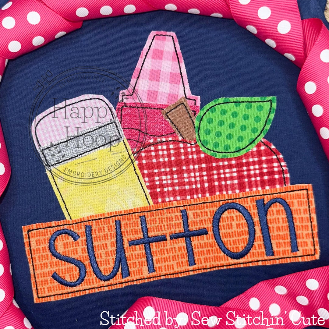 Pencil Crayon Apple Name Box Bean Stitch Applique, Back to School Bean ...