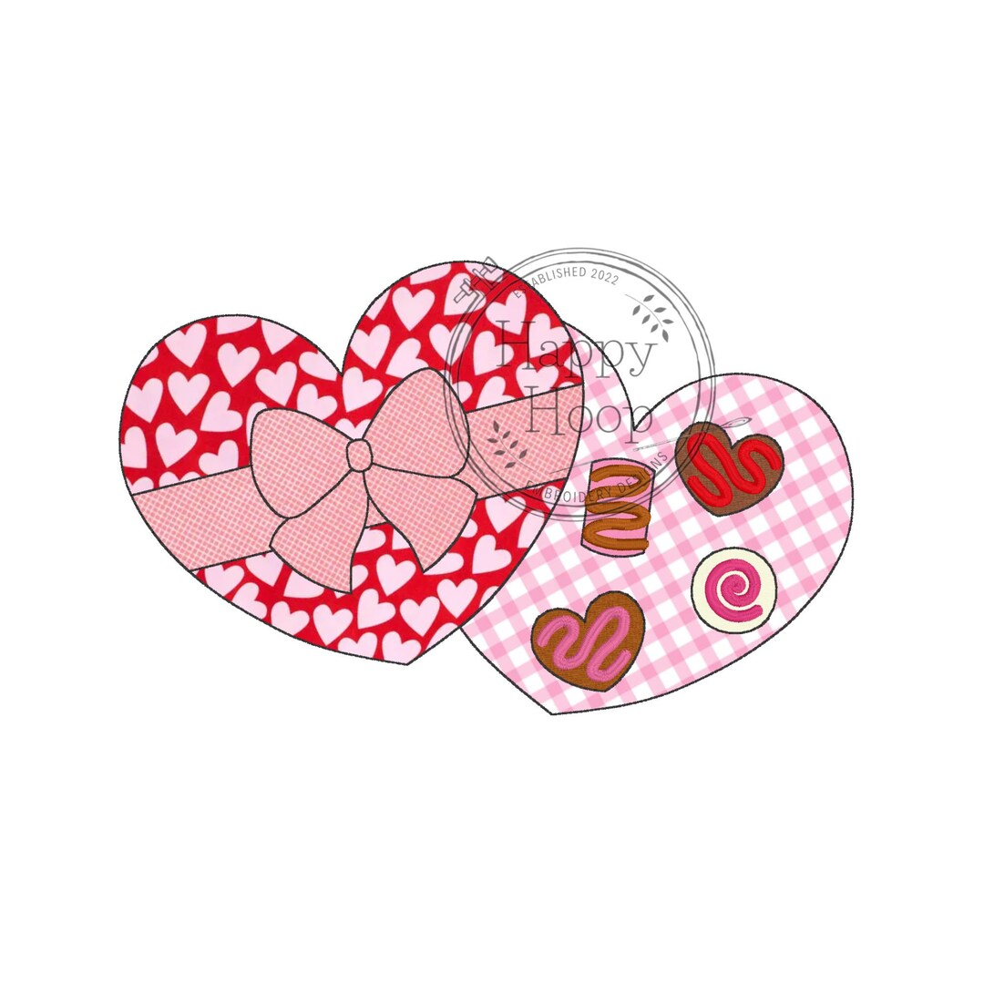 Heart Box of Chocolates Valentine Applique, Valentine Embroidery Design ...