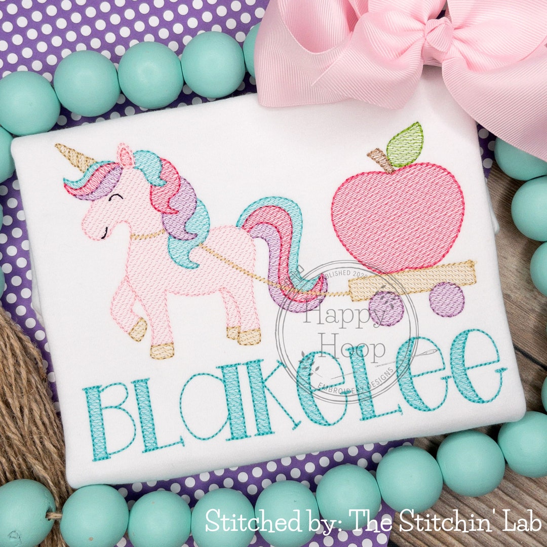 Back to School Unicorn, Unicorn Apple Wagon Sketch Design, Sketch Unicorn Embroidery, Back to ...