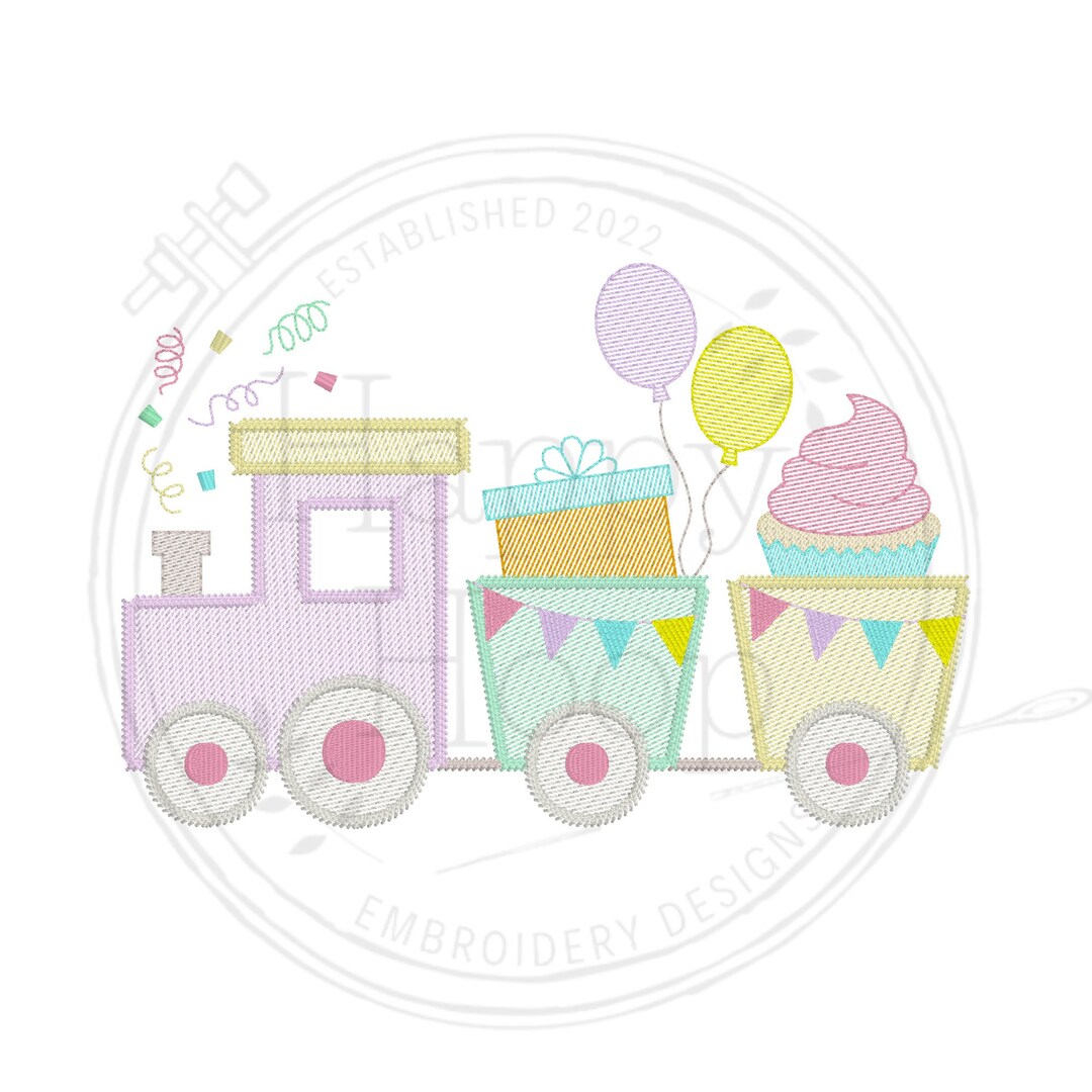 Birthday Train Sketch Fill Design, Birthday Train Embroidery Design ...