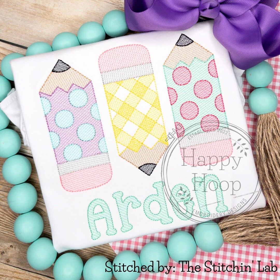 Gingham and Polka Dot Pencil Trio, Pencil Trio Embroidery Design, Back ...