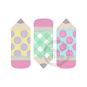 Gingham and Polka Dot Pencil Trio, Pencil Trio Embroidery Design, Back ...
