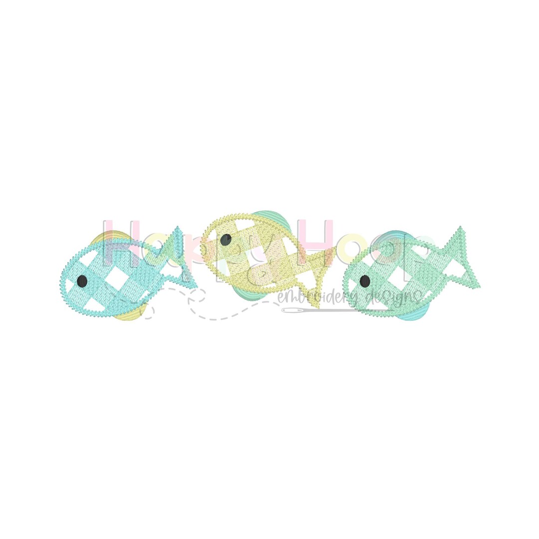 Gingham Sketch Fish Trio Embroidery Design, Fish Trio Embroidery ...