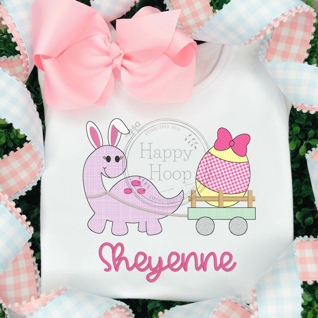 Girl Dino Easter Egg Wagon Bean Stitch Applique, Easter Dinosaur ...