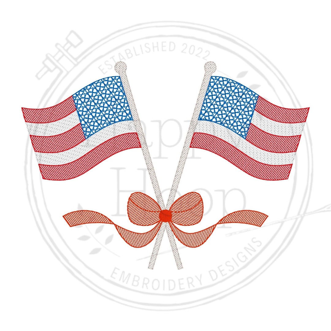 Crossed American Flags With Bow Machine Embroidery Design, Sketch USA ...