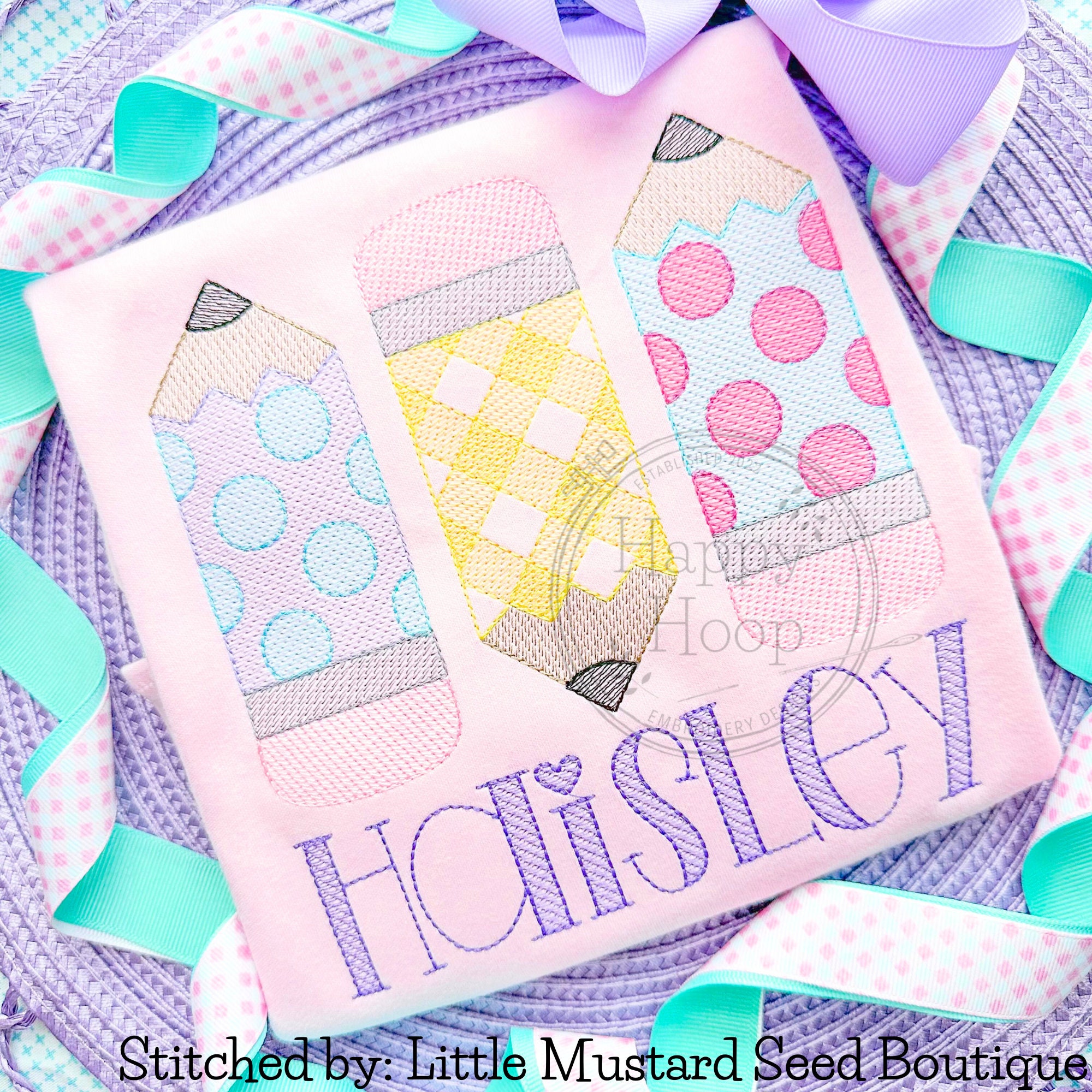 Gingham and Polka Dot Pencil Trio, Pencil Trio Embroidery Design, Back ...