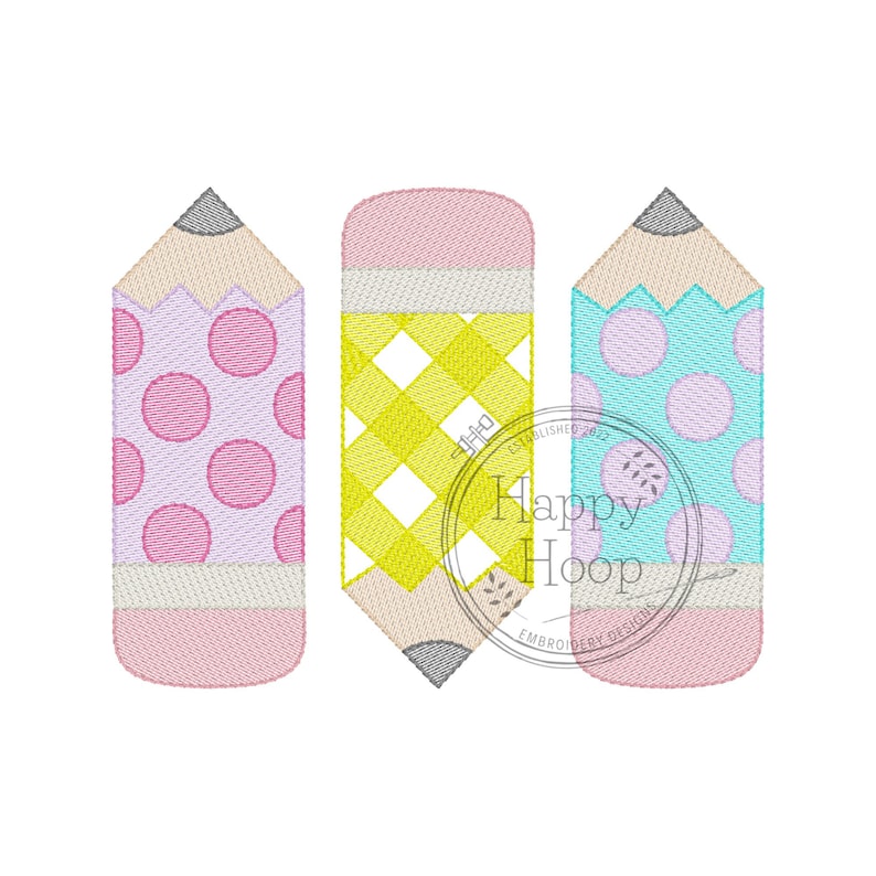 Gingham and Polka Dot Pencil Trio, Pencil Trio Embroidery Design, Back ...
