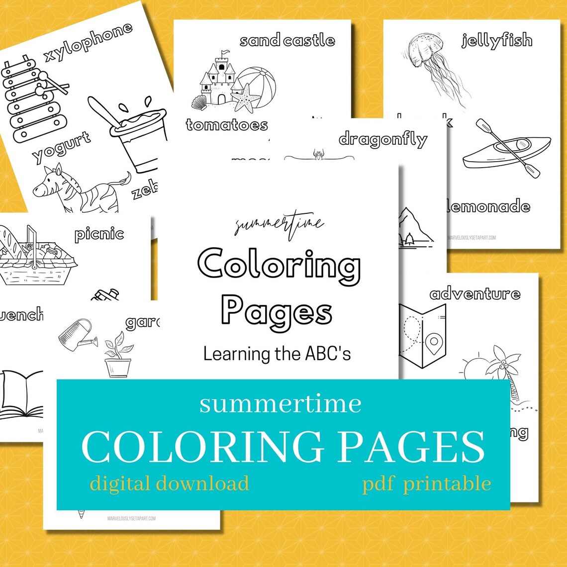 Kids Coloring Pages of Summertime Words in Alphabetical Order, Alphabet ...