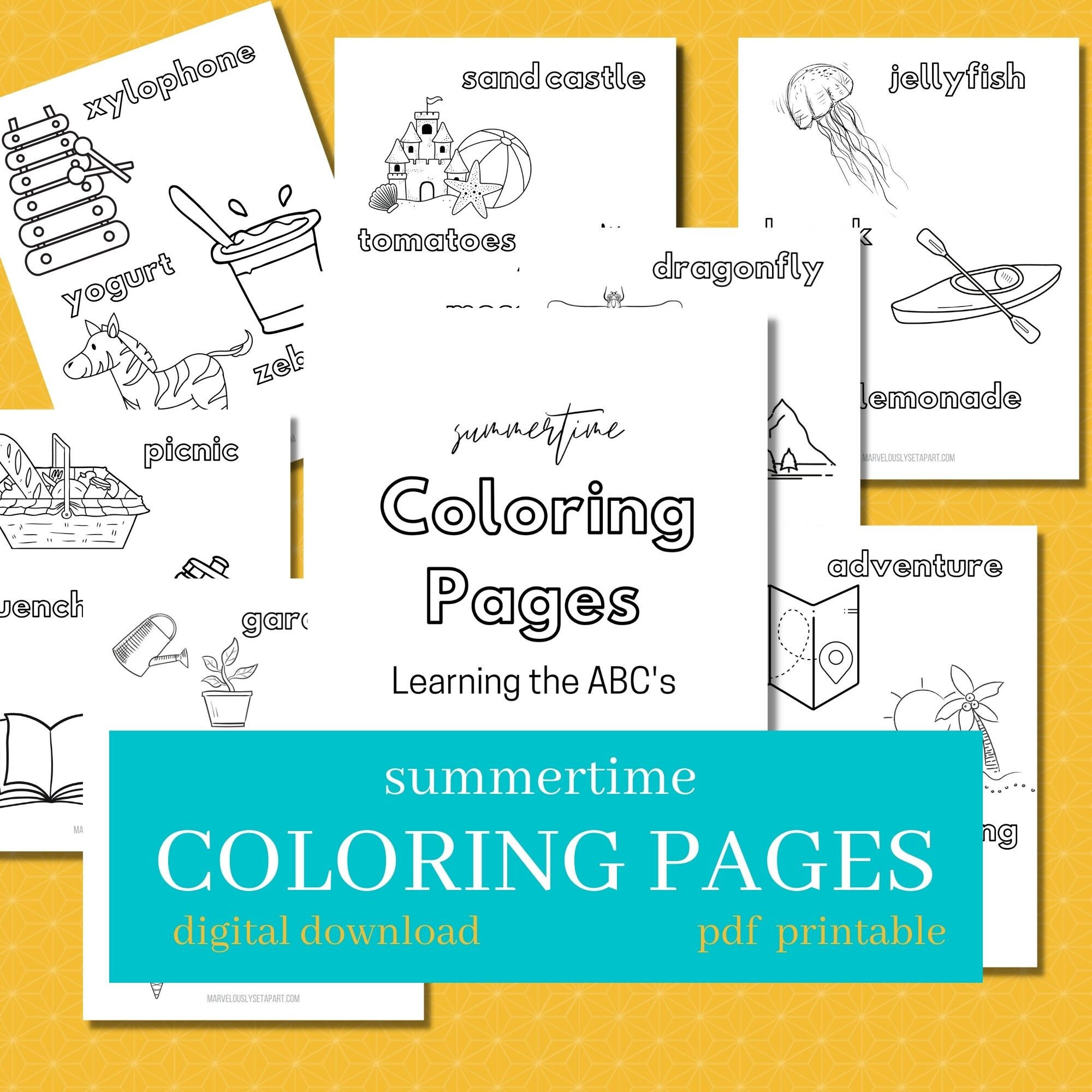 Kids Coloring Pages of Summertime Words in Alphabetical Order, Alphabet ...