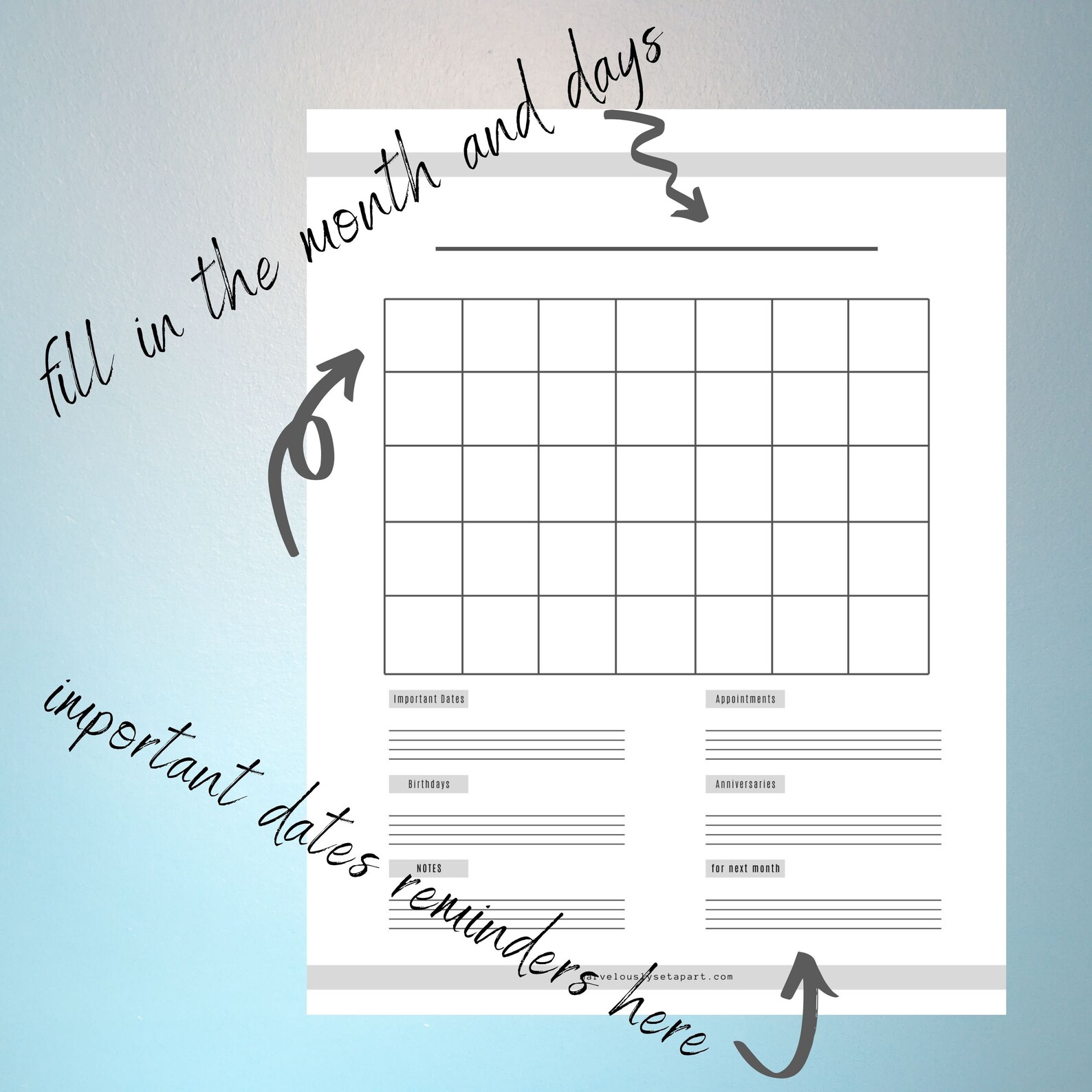 Monthly Calendar, Undated Minimalist Monthly Calendar Printable Month ...
