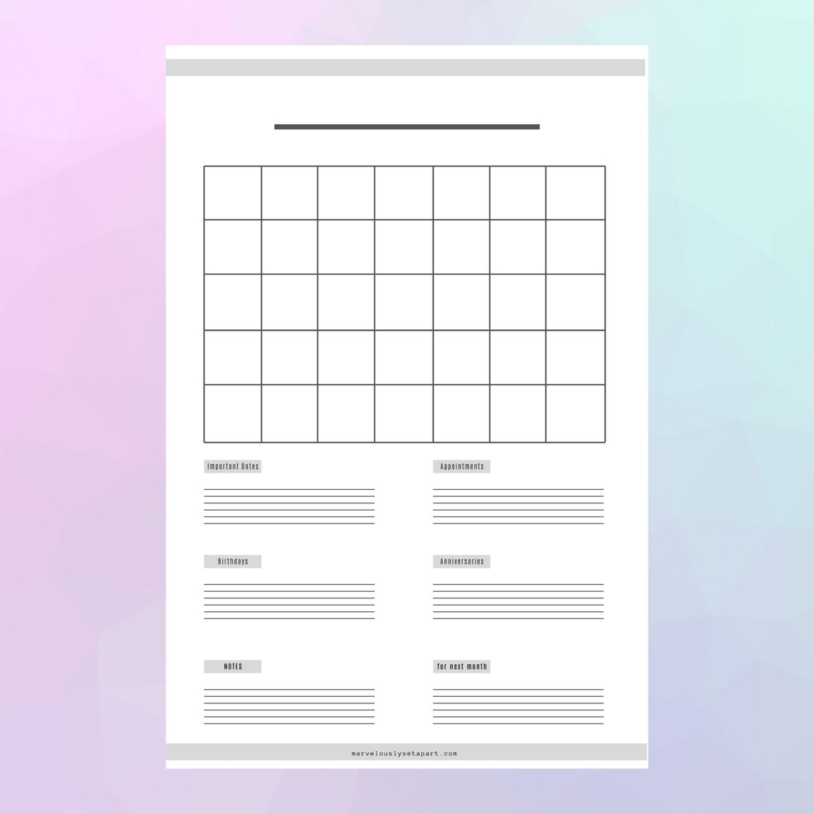 Large Blank Calendar Printable Minimalist Calendar Custom | Etsy