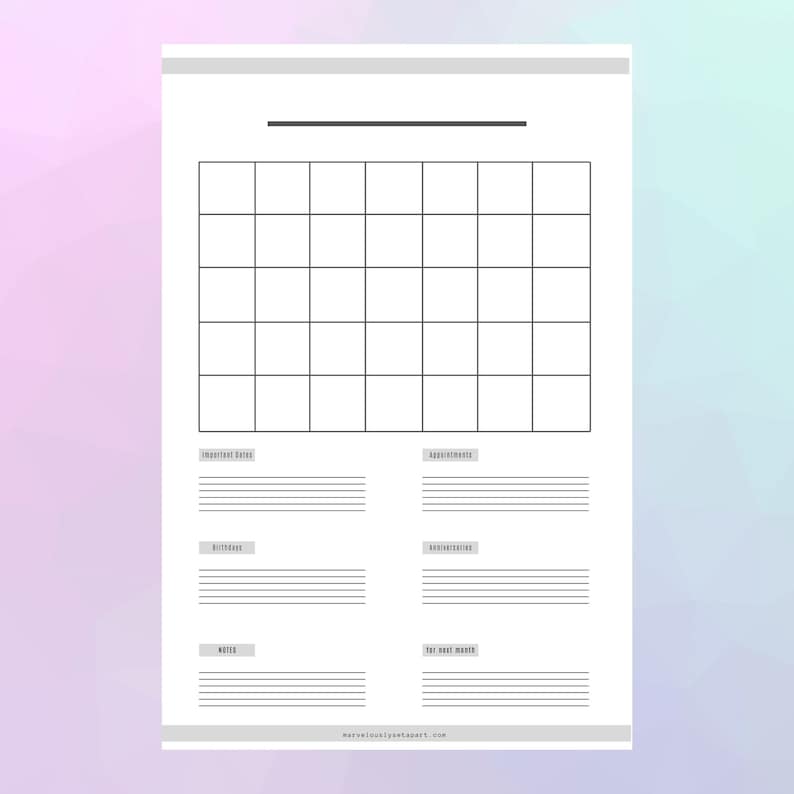 Large Blank Calendar, Printable, Minimalist Calendar, Custom Calendar ...