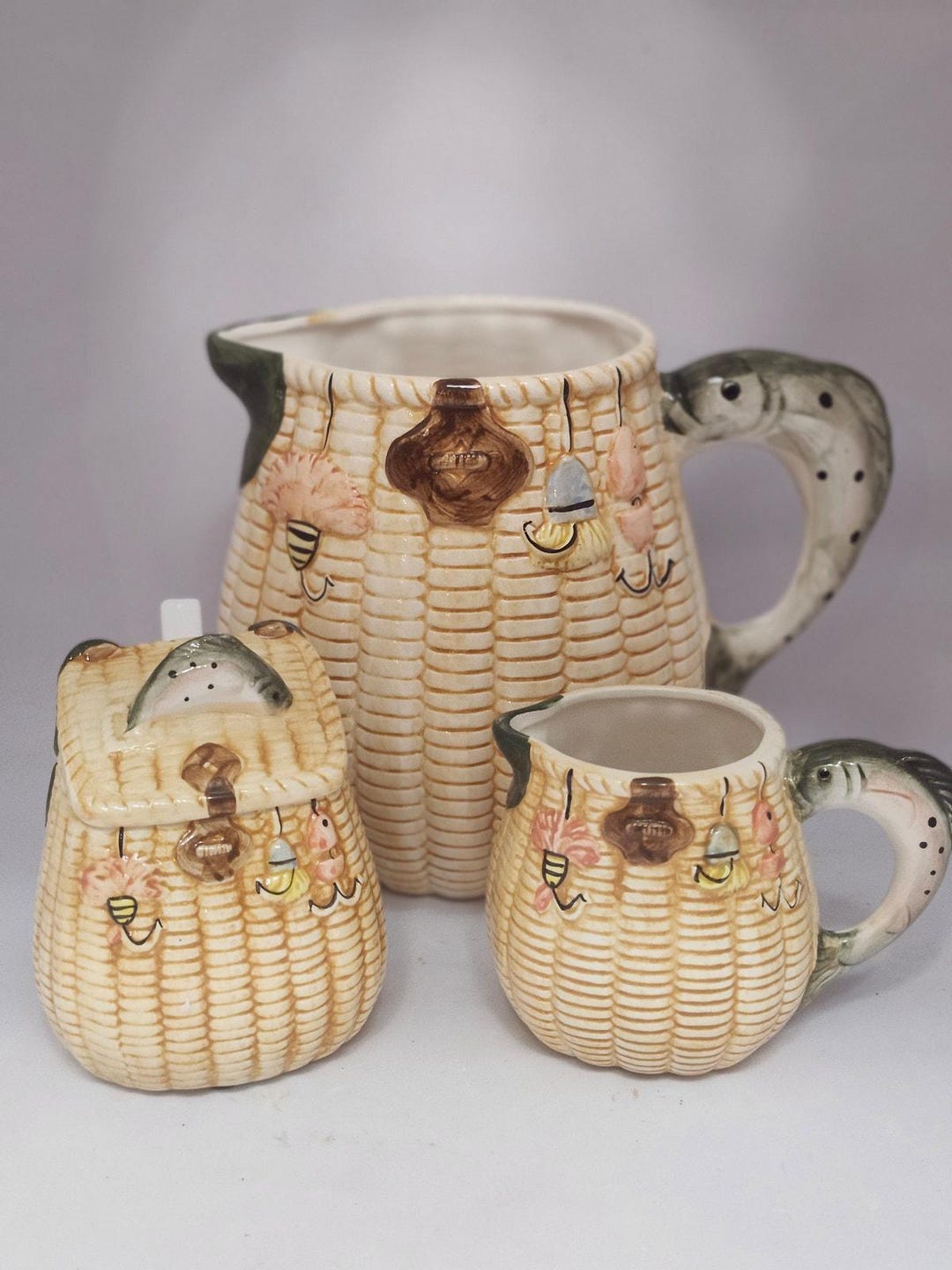 Vintage Enesco Rainbow Trout Creel Pitcher, Creamer, Sugar Bowl, Coffee ...