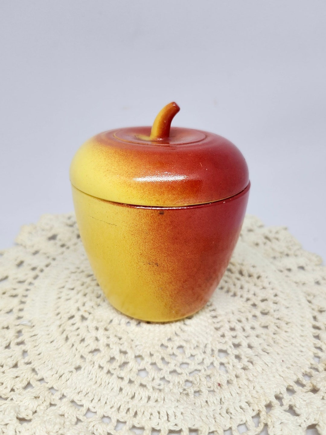Vintage Hazel Atlas Apple Shaped Jam Jar, Milkglass, Red and Yellow ...