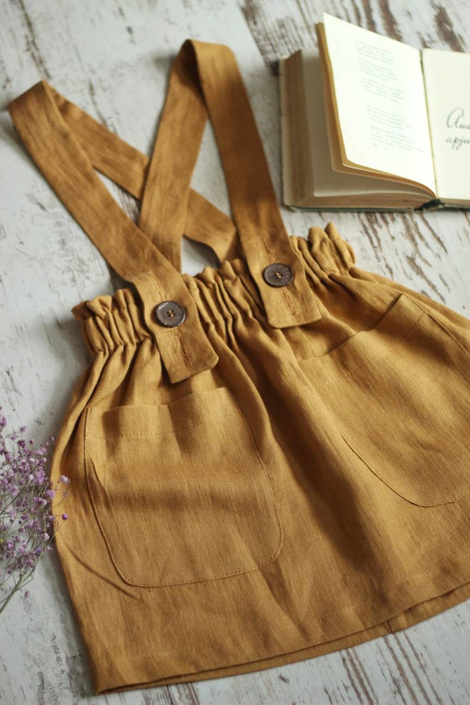 Brown Linen Girl Skirt / Organic Linen Girl Skirt With Suspenders ...