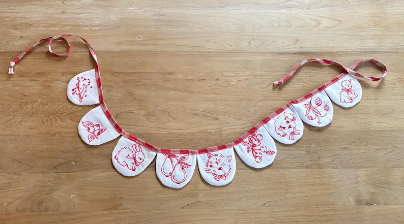 Vintage Redwork Embroidery Nursery Banner With 9 Linen Flags, Handmade ...