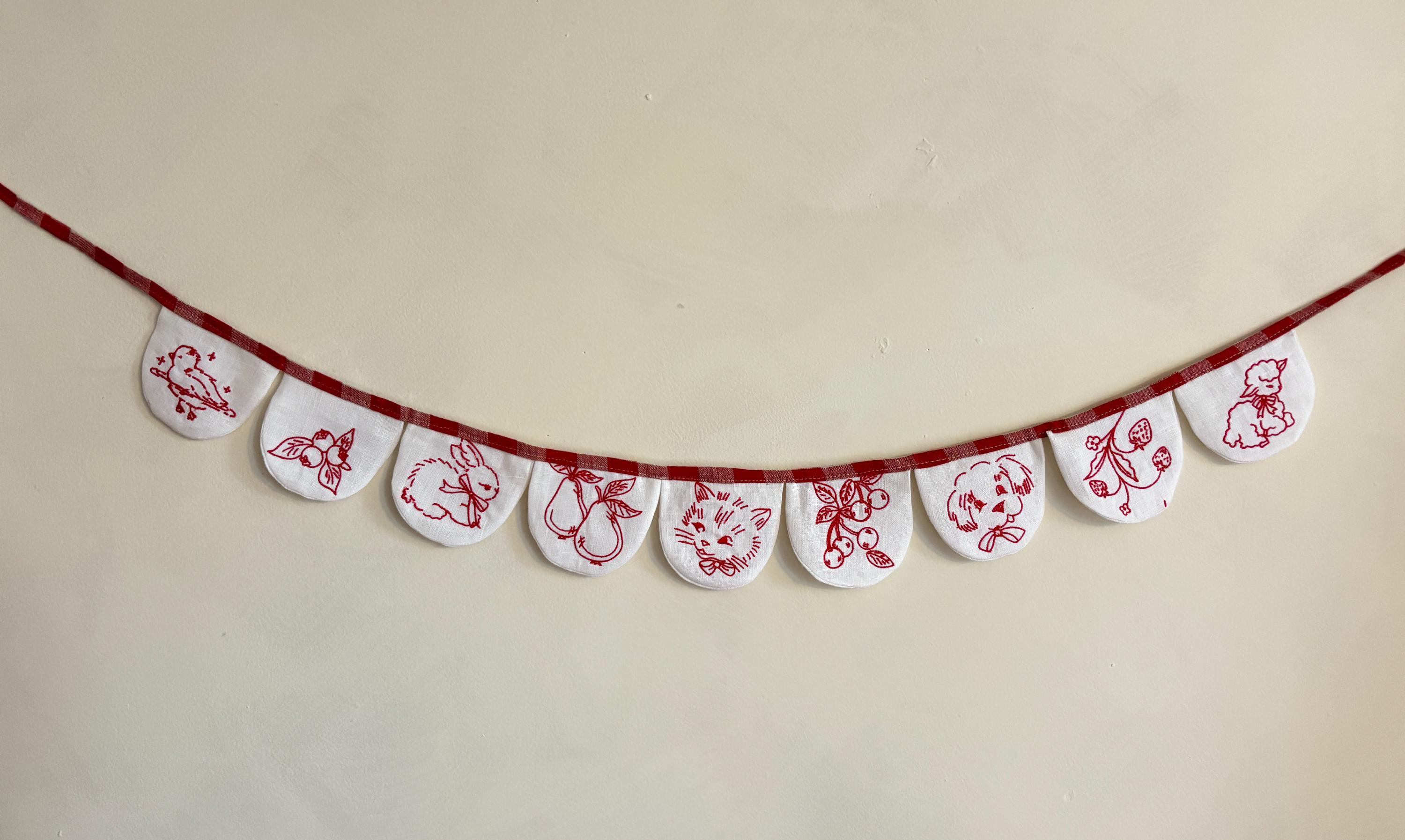 Vintage Redwork Embroidery Nursery Banner With 9 Linen Flags, Handmade Baby Room Garland With ...