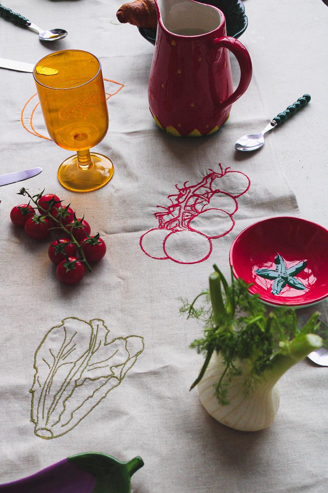 Embroider Holiday Linen Table Runner, Garden Party Table Decor, Beige ...