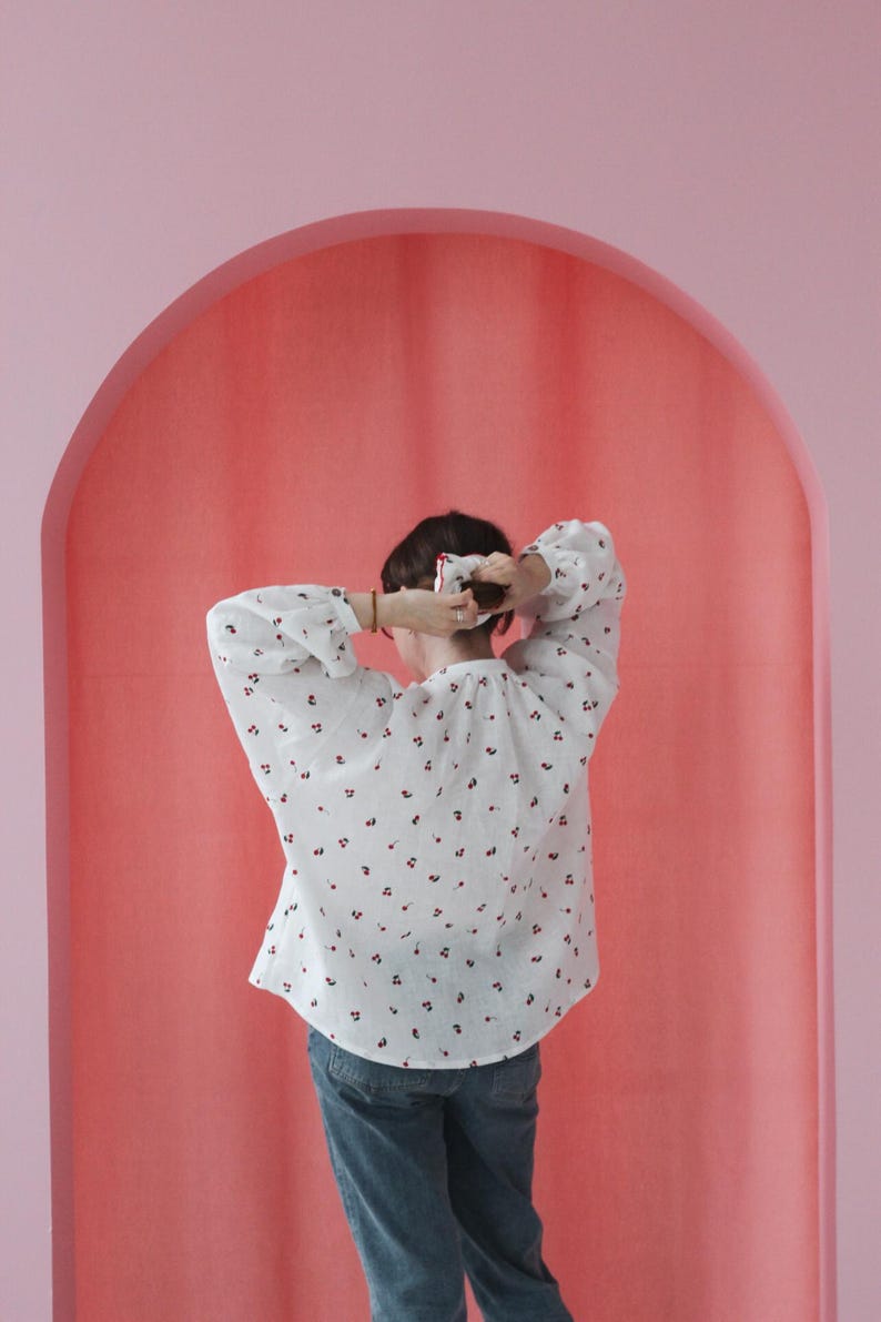 Cherry Print Linen Blouse – Loose Fit Puff Sleeve Top, Cottagecore ...