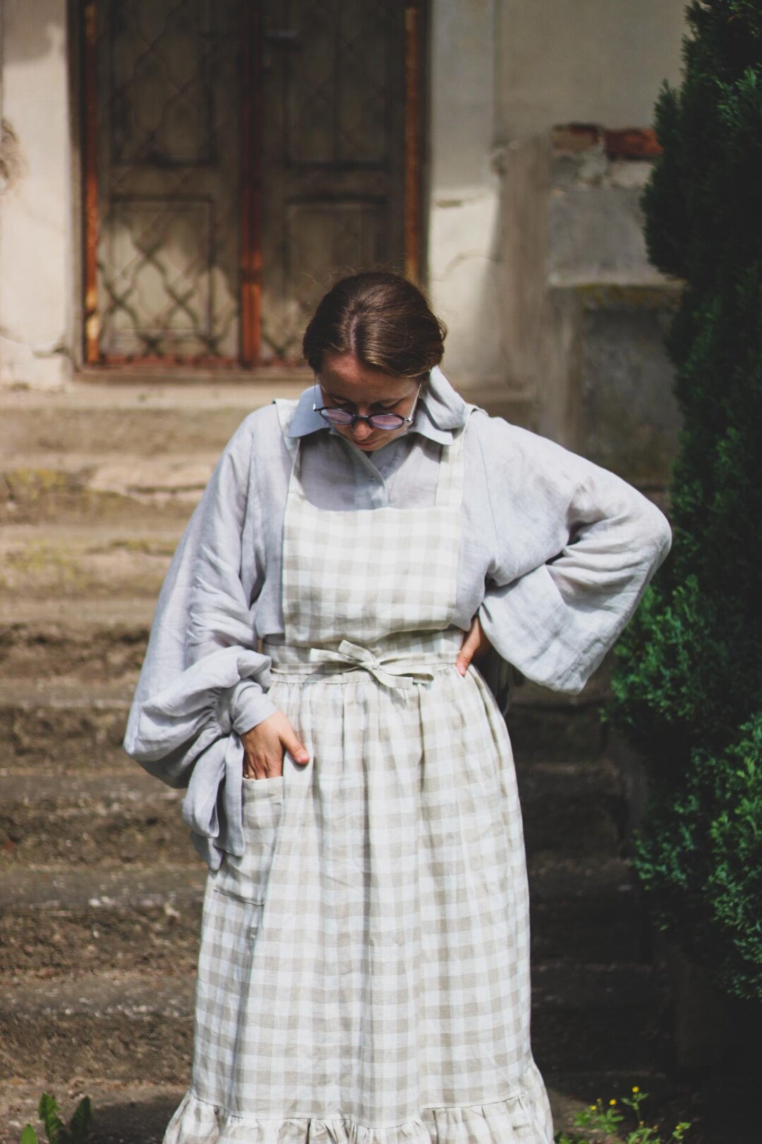 Edwardian Style Linen Apron, Plaid Ruffled Apron for Women, Vintage ...