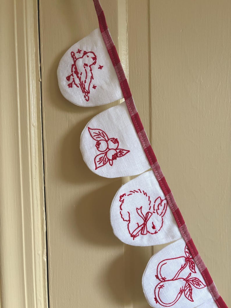 Vintage Redwork Embroidery Nursery Banner With 9 Linen Flags, Handmade Baby Room Garland With ...