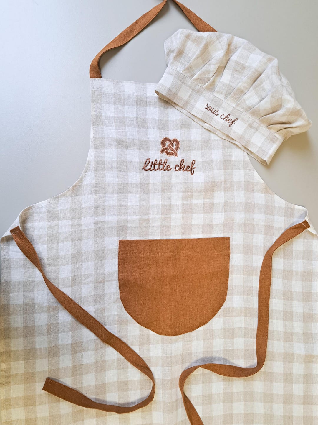 Linen Baking Apron and Chef Hat Set With Croissant Embroidery – French ...