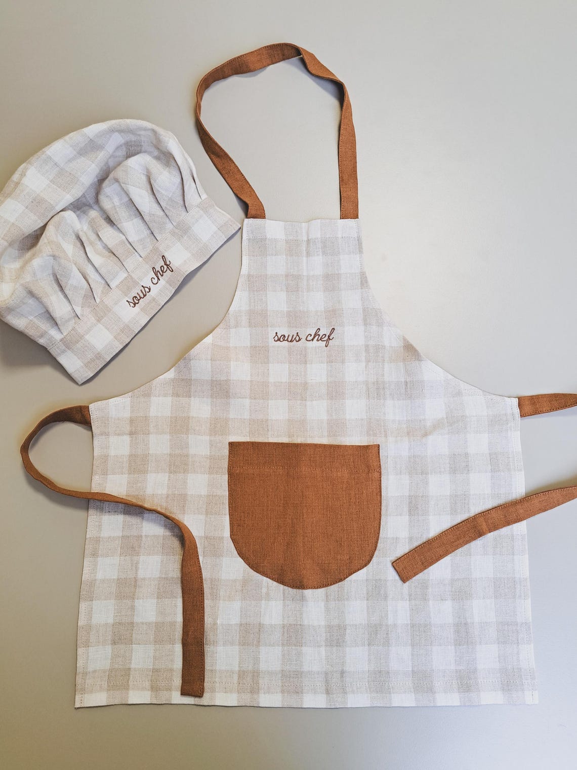 Personalized Gingham Linen Kids Apron & Chef Hat Set – Custom Name ...