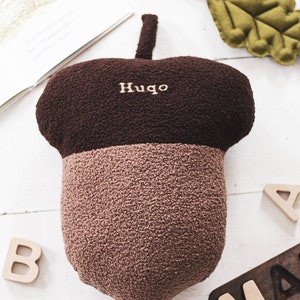 Sherpa Acorn Pillow With Name Embroidery, Acorn Linen Cushion With ...
