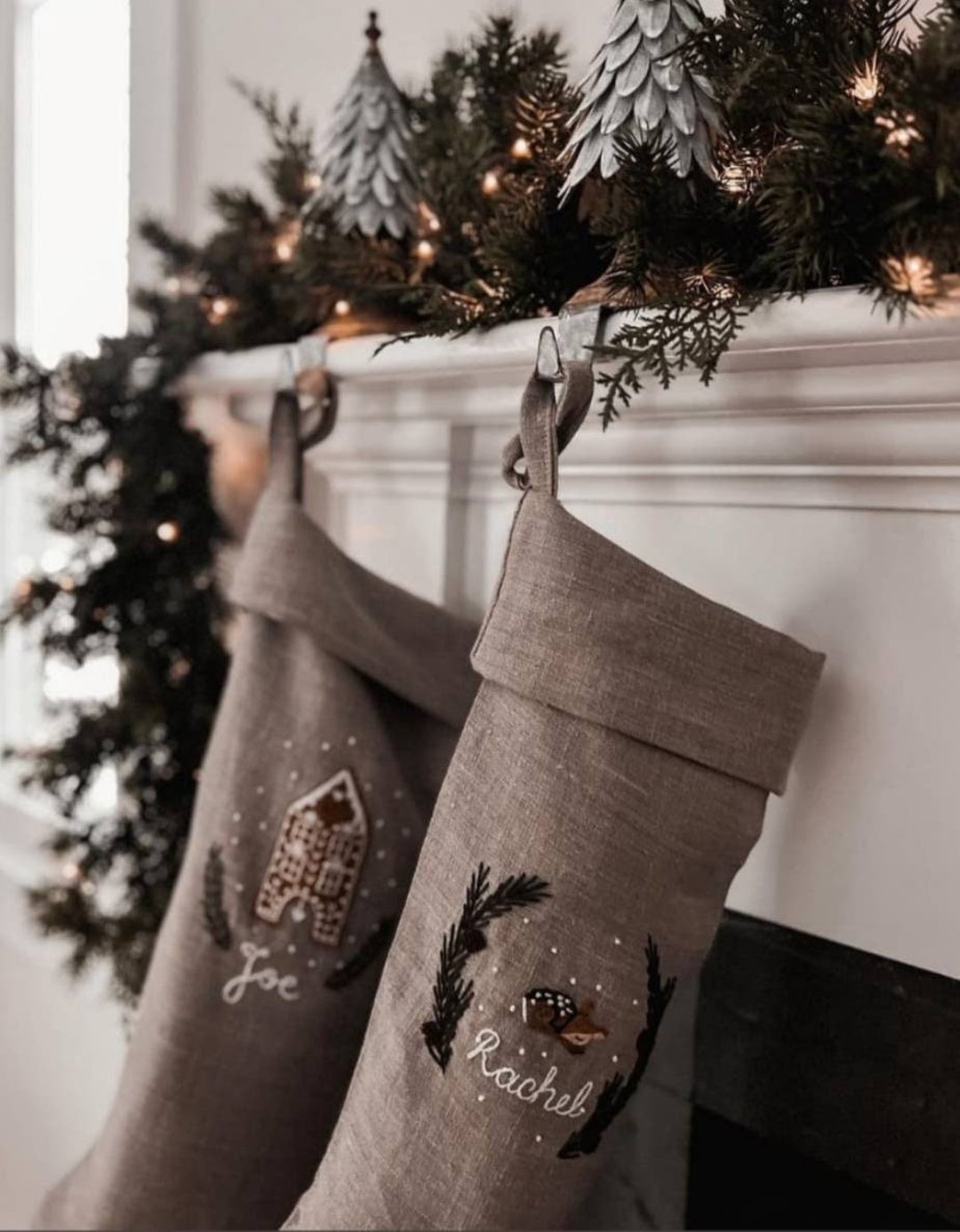 Rustic Linen Christmas Stocking With Hand Embroidered Fawn ...