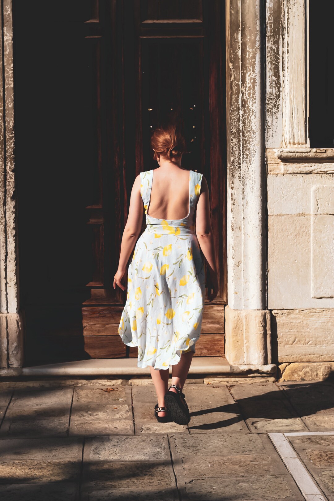 Open Back Dress AMALFI, Natural Linen Summer Dress, Lemon Print Dress ...