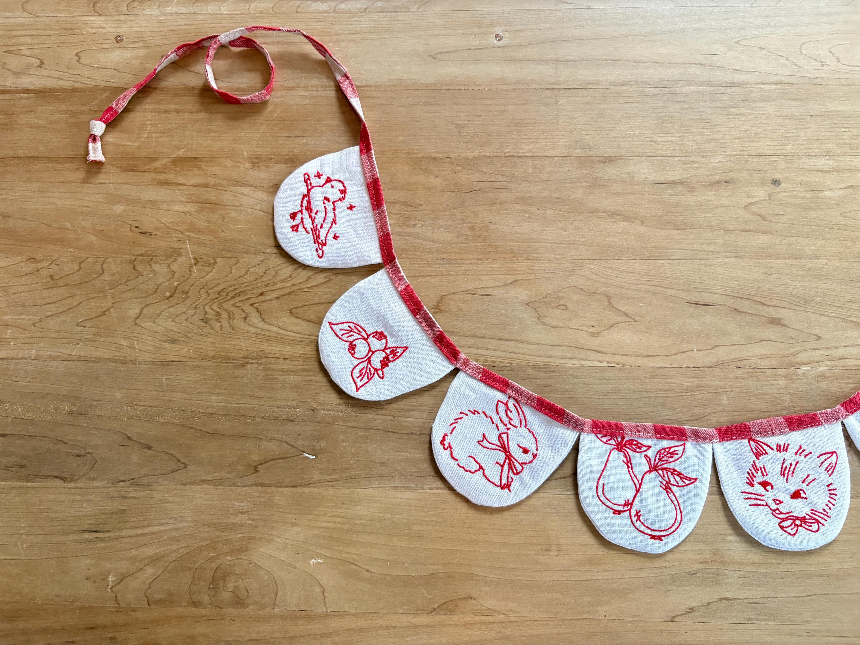 Vintage Redwork Embroidery Nursery Banner With 9 Linen Flags, Handmade ...