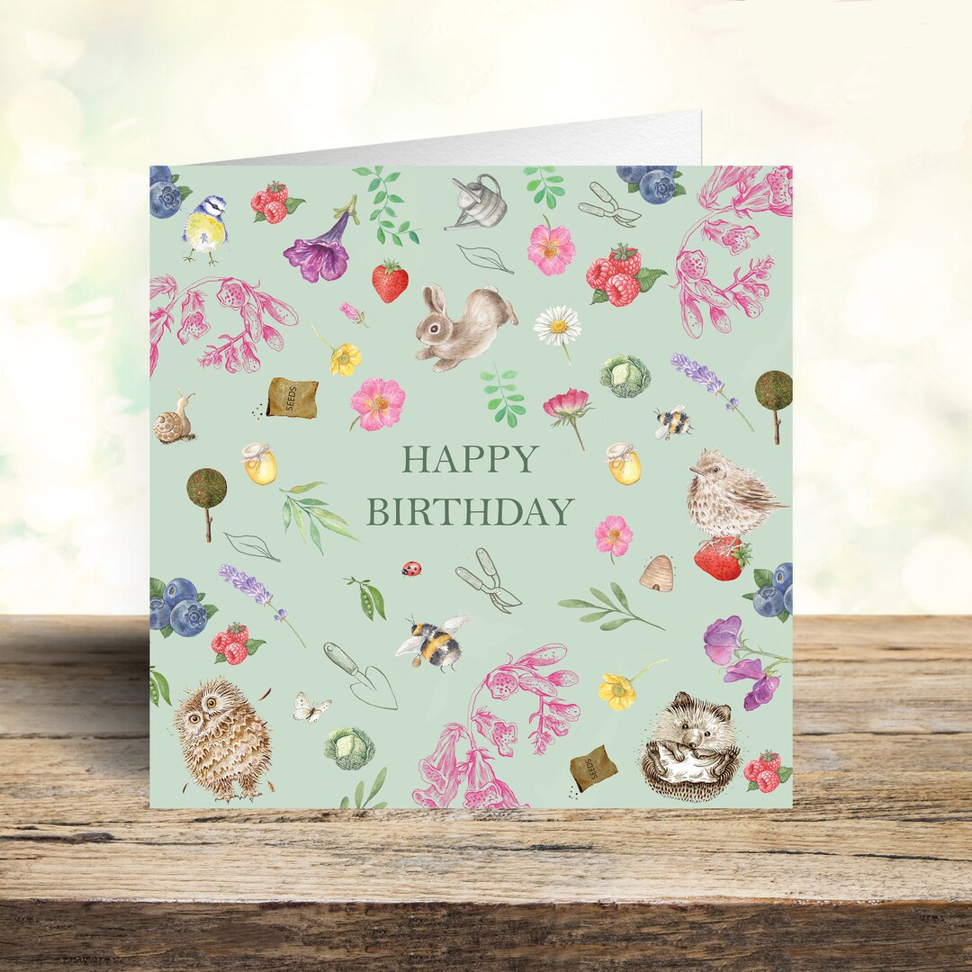Garden Animals Birthday Card | Hedghog | Bunny | Owl | Bird | Gardeners ...