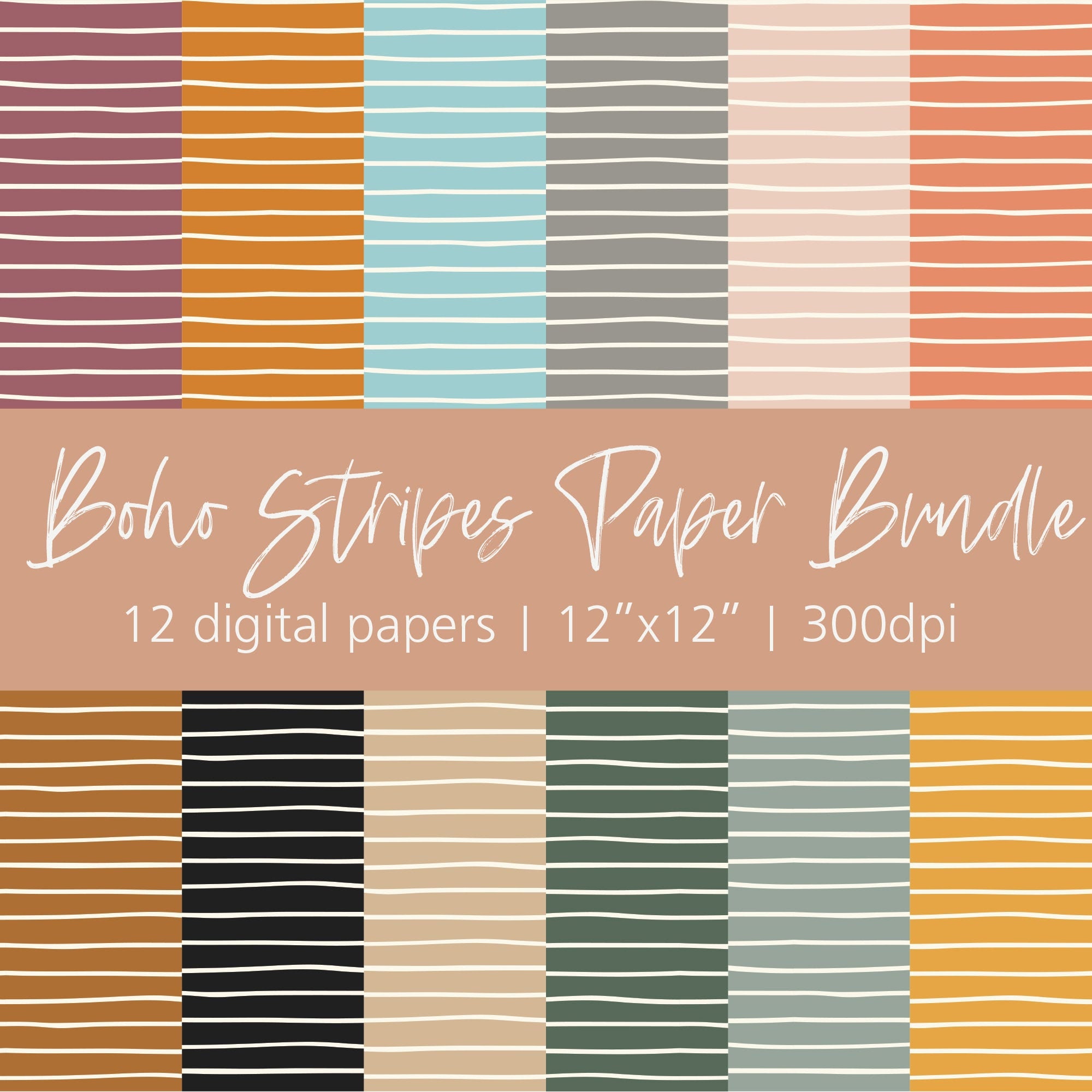 Boho Stripes Digital Paper Pack | Striped Paper | Printable Lines Paper ...