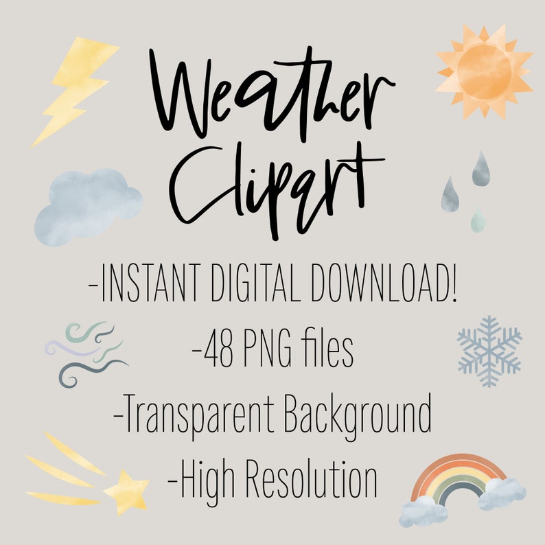 Weather Clipart | Watercolor Weather | Instant Download | Cloud Clipart ...