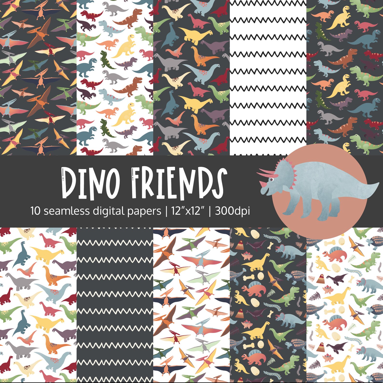 Dinosaur Digital Paper Pack | Black and White Dino Paper | Cute ...