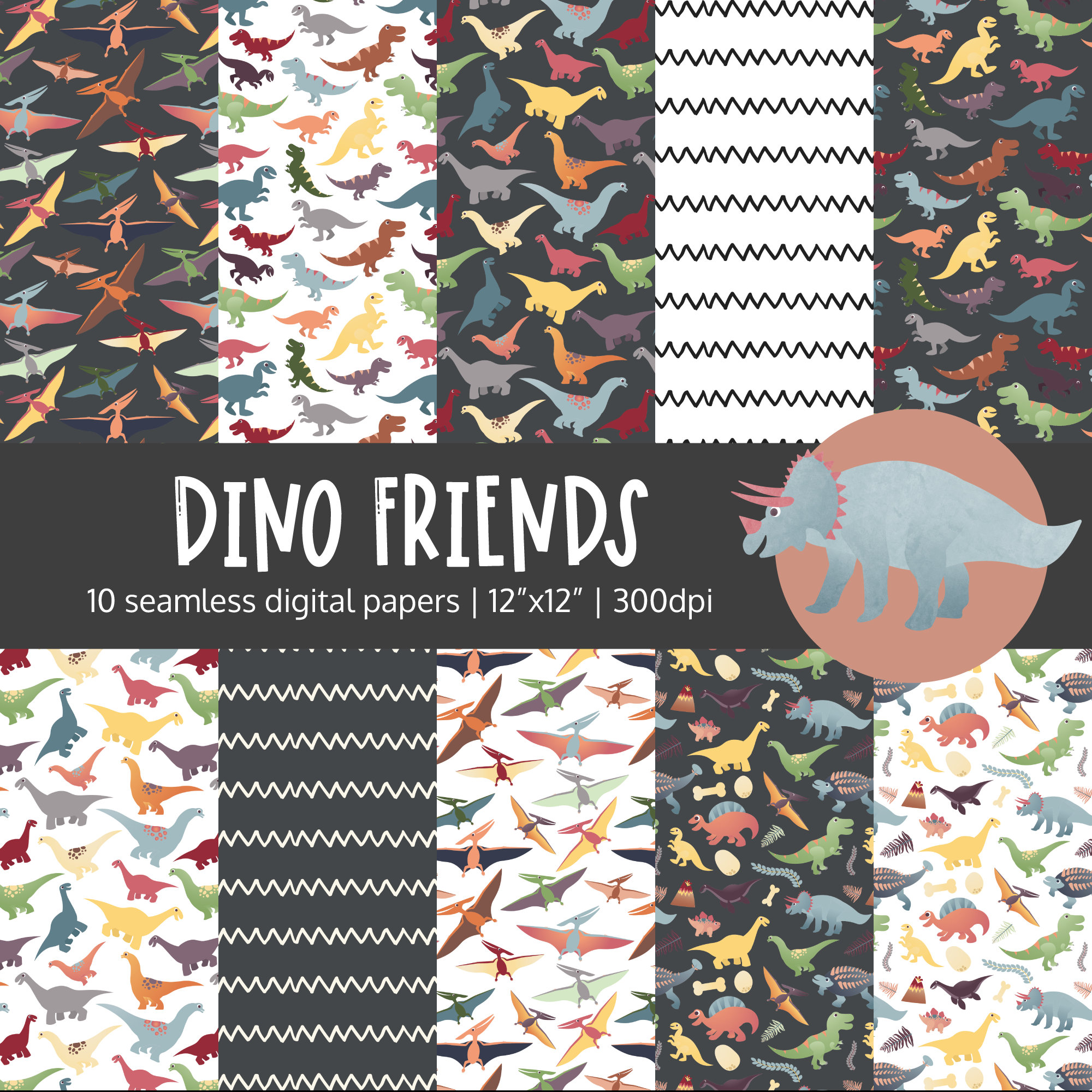 Dinosaur Digital Paper Pack | Black and White Dino Paper | Cute ...