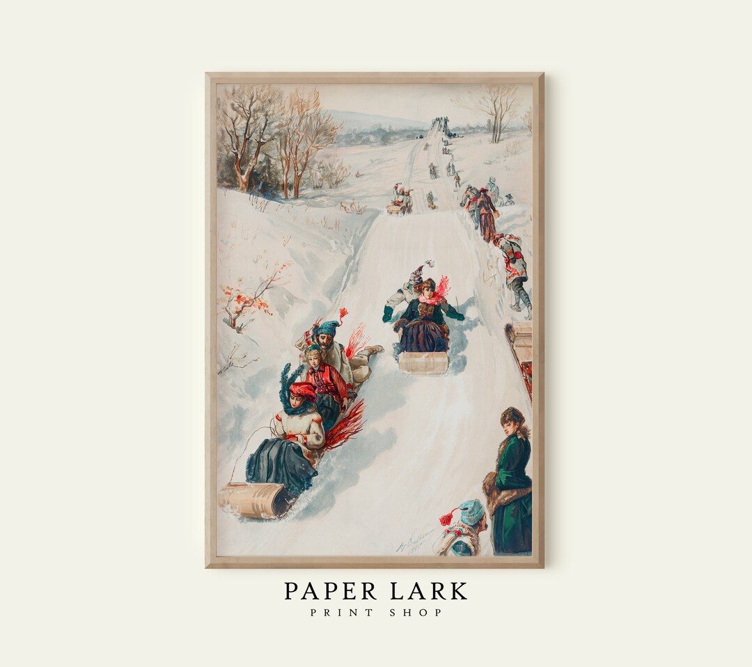 Christmas Sledding Vintage Art Print, Holiday Decor, Tobogganing ...