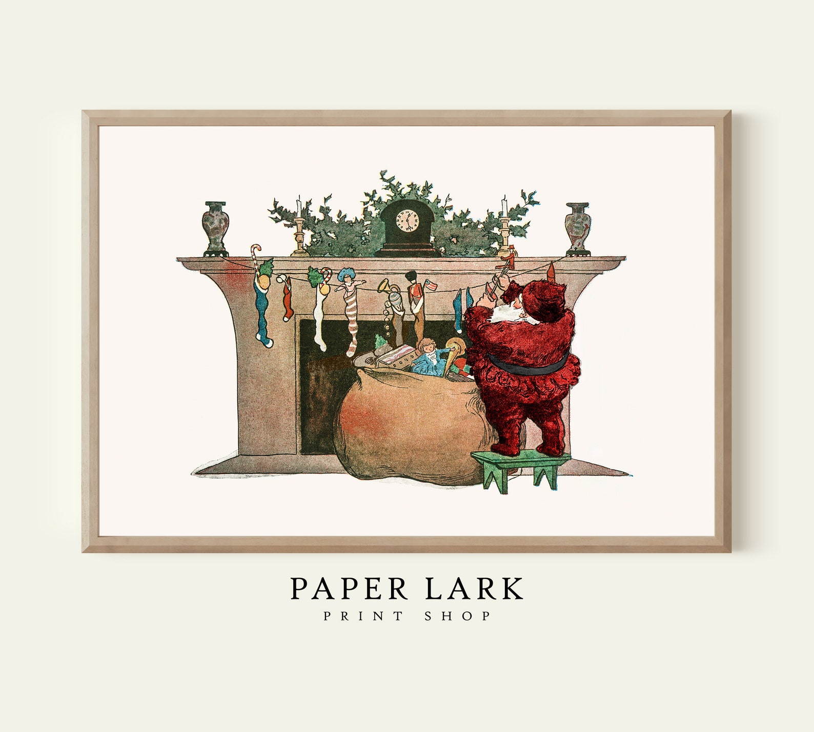 Santa Claus Filling Stockings Vintage Art Print, Holiday Decor ...