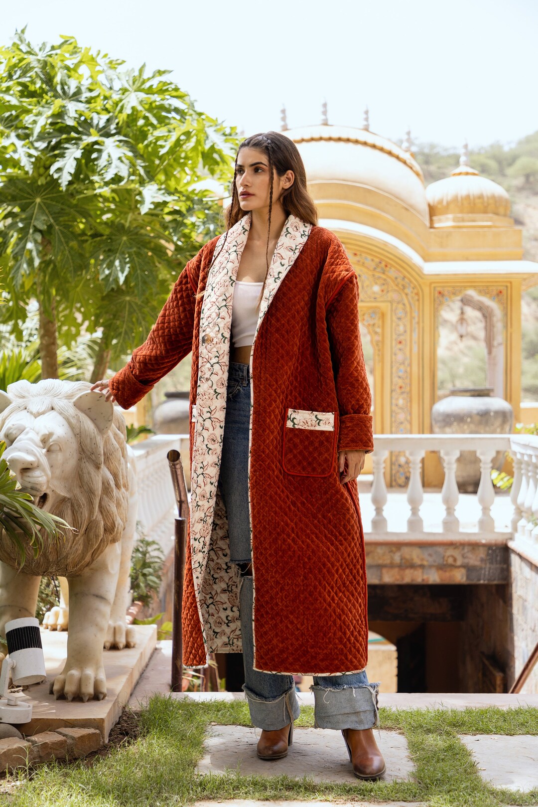 VICTORIA QUILTED ROBE - Plush Velvet Red Robe - Hand Printed - Organic ...