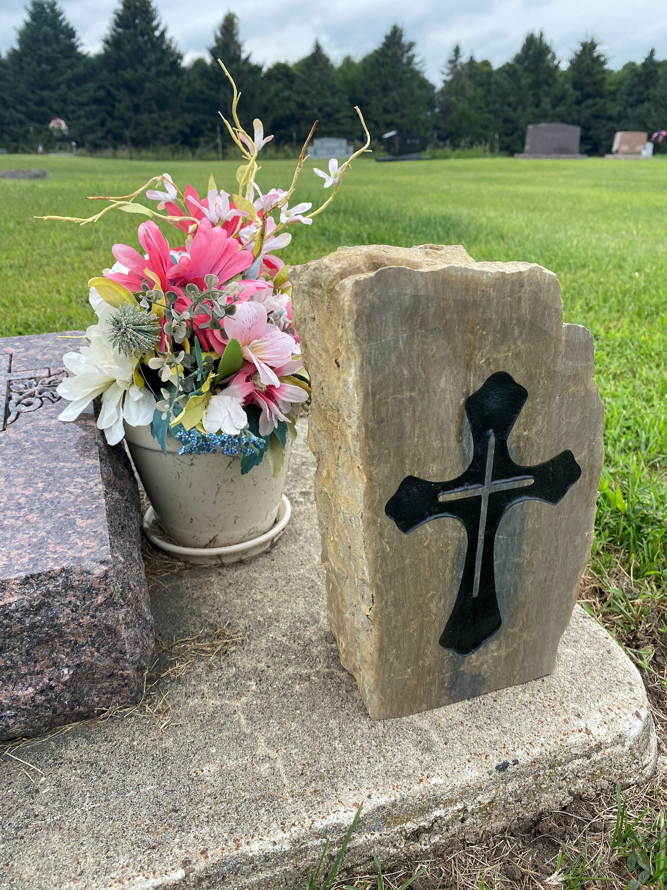 Engraved Cross Stone, Cemetery Cross, Graveside Decor, Cross Decor ...