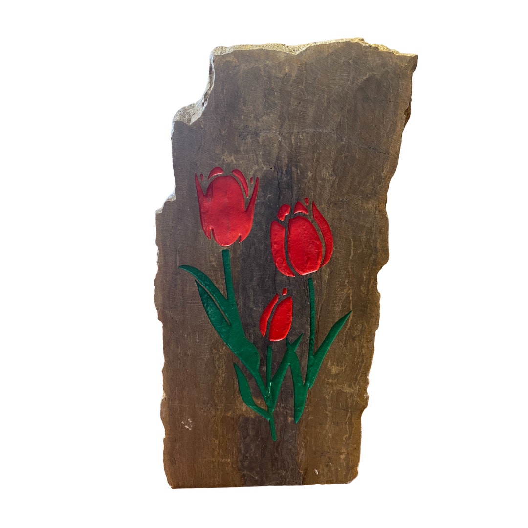 Red Tulip Garden Rock, Red Flower Stone, Tulip Decorations, Garden ...