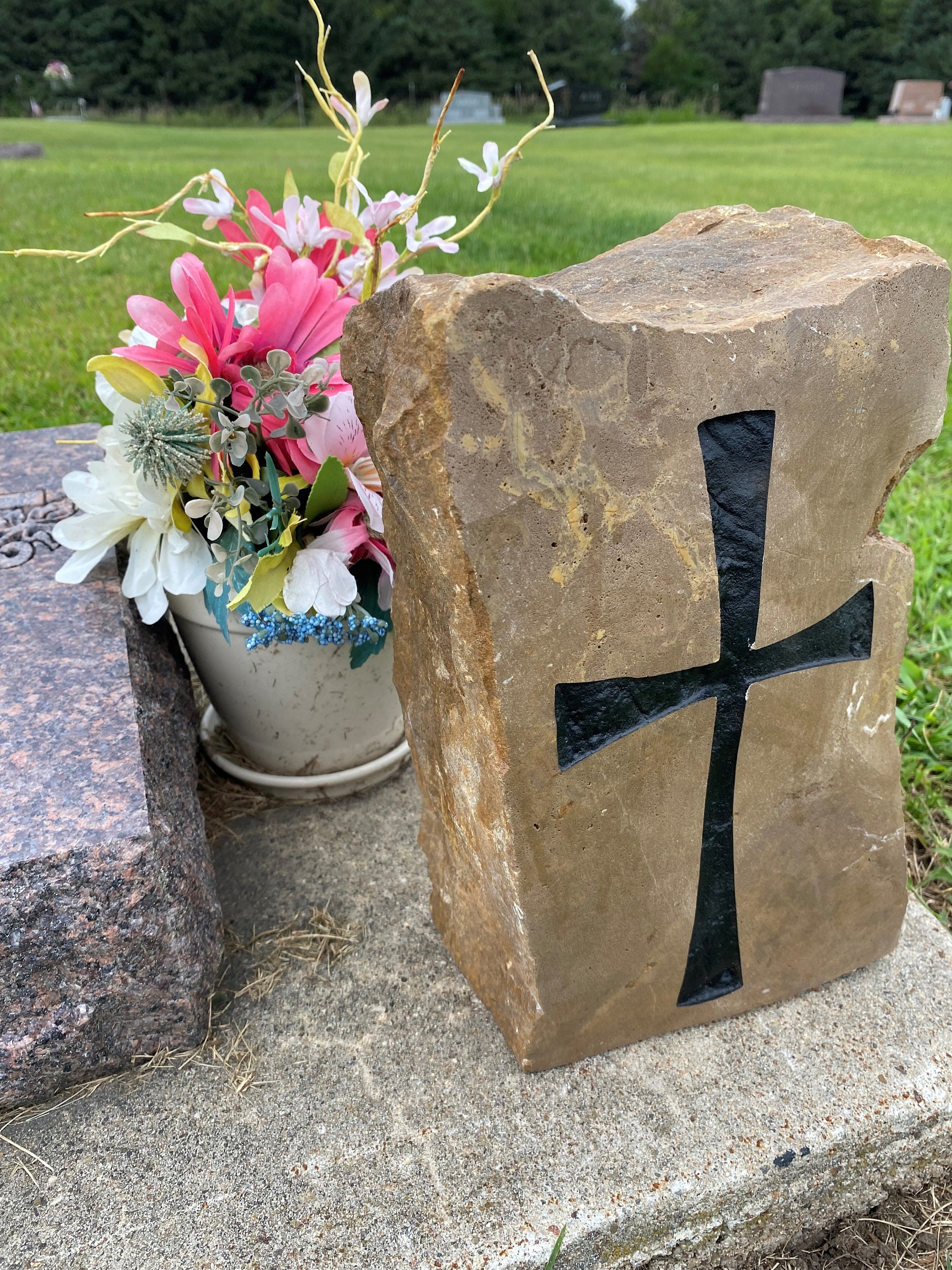Engraved Cross Stone, Cemetery Cross, Graveside Decor, Cross Decor ...